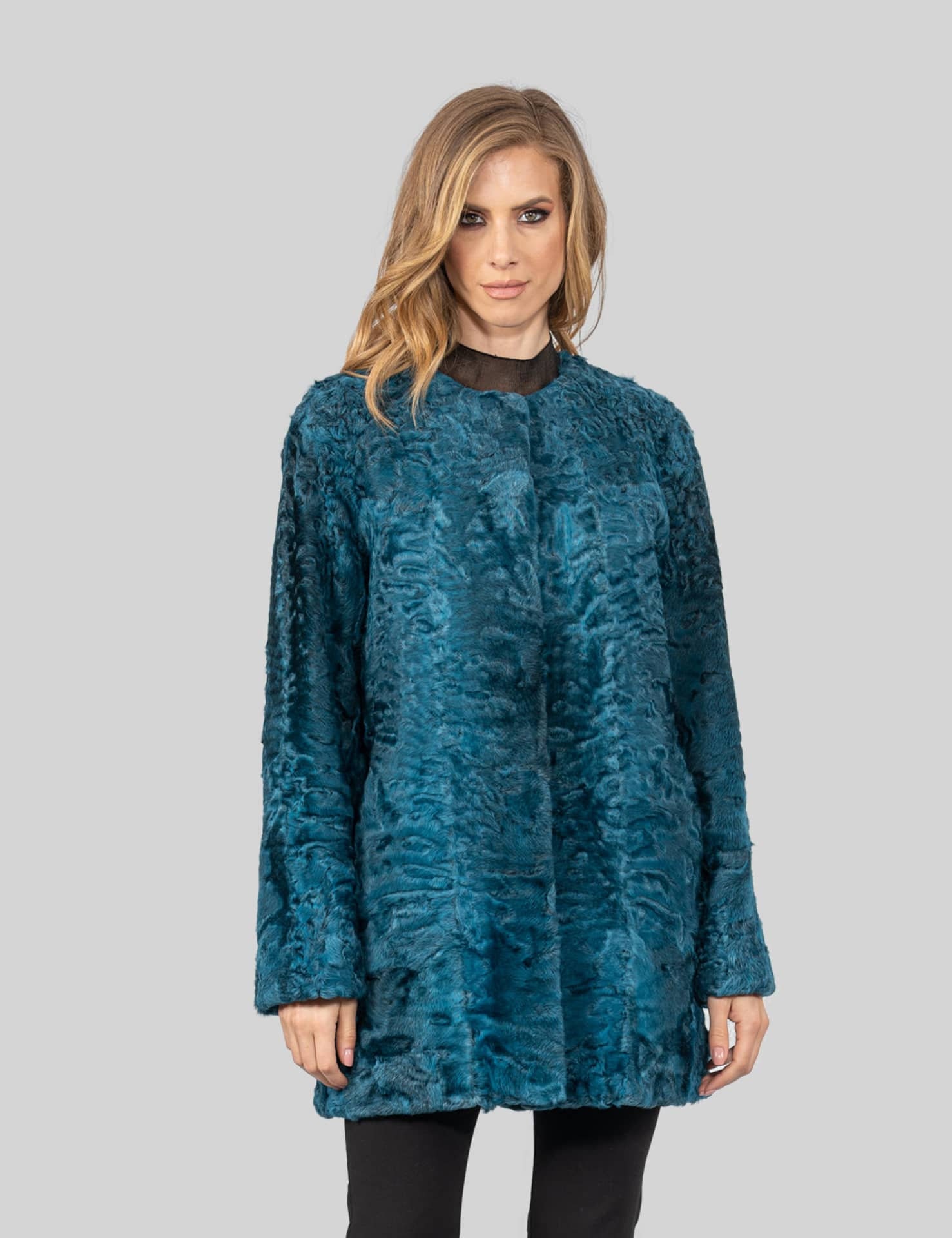 Luxury Astrakhan Fur Coat. Turquoise Color. Collarless. Modern Womens ...