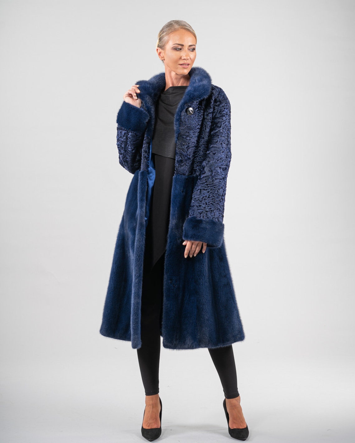 Electric Blue Mink and Astrakhan Fur Coat, in a Full-length Line ...