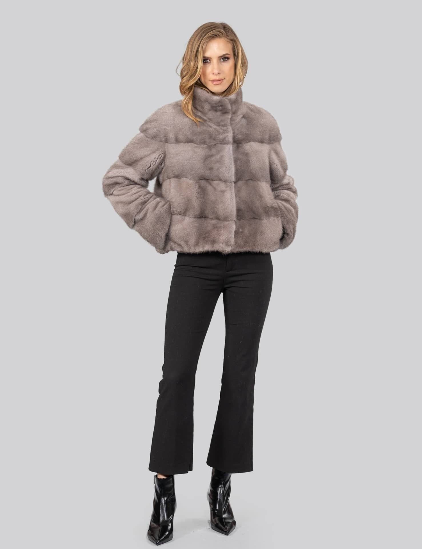 Short Line Silver Grey Real Mink Fur Jacket With Stand Collar. Modern ...