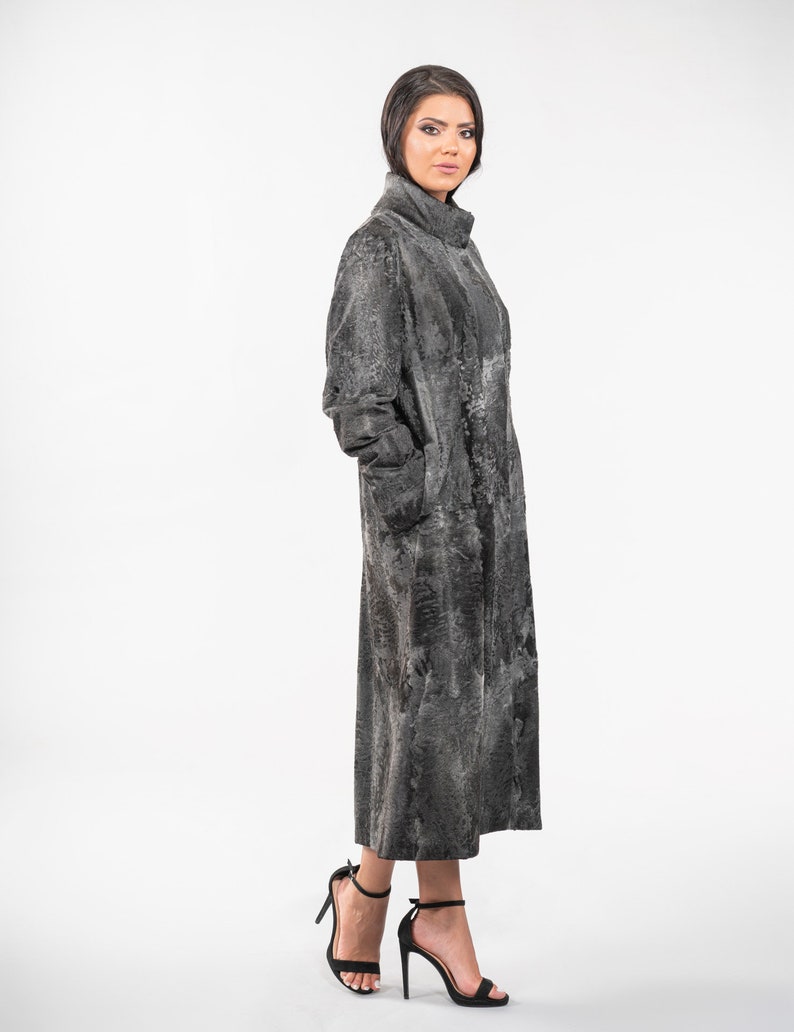 Graphite Gray, Real Astrakhan Fur Coat, Full Length, Straight Line Coat ...