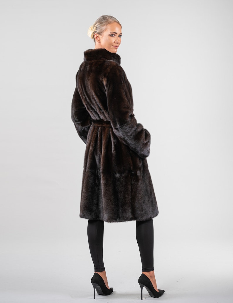 Long Dark Brown Saga Mink Fur Coat With Belt. Full Skin Real Mink Fur ...