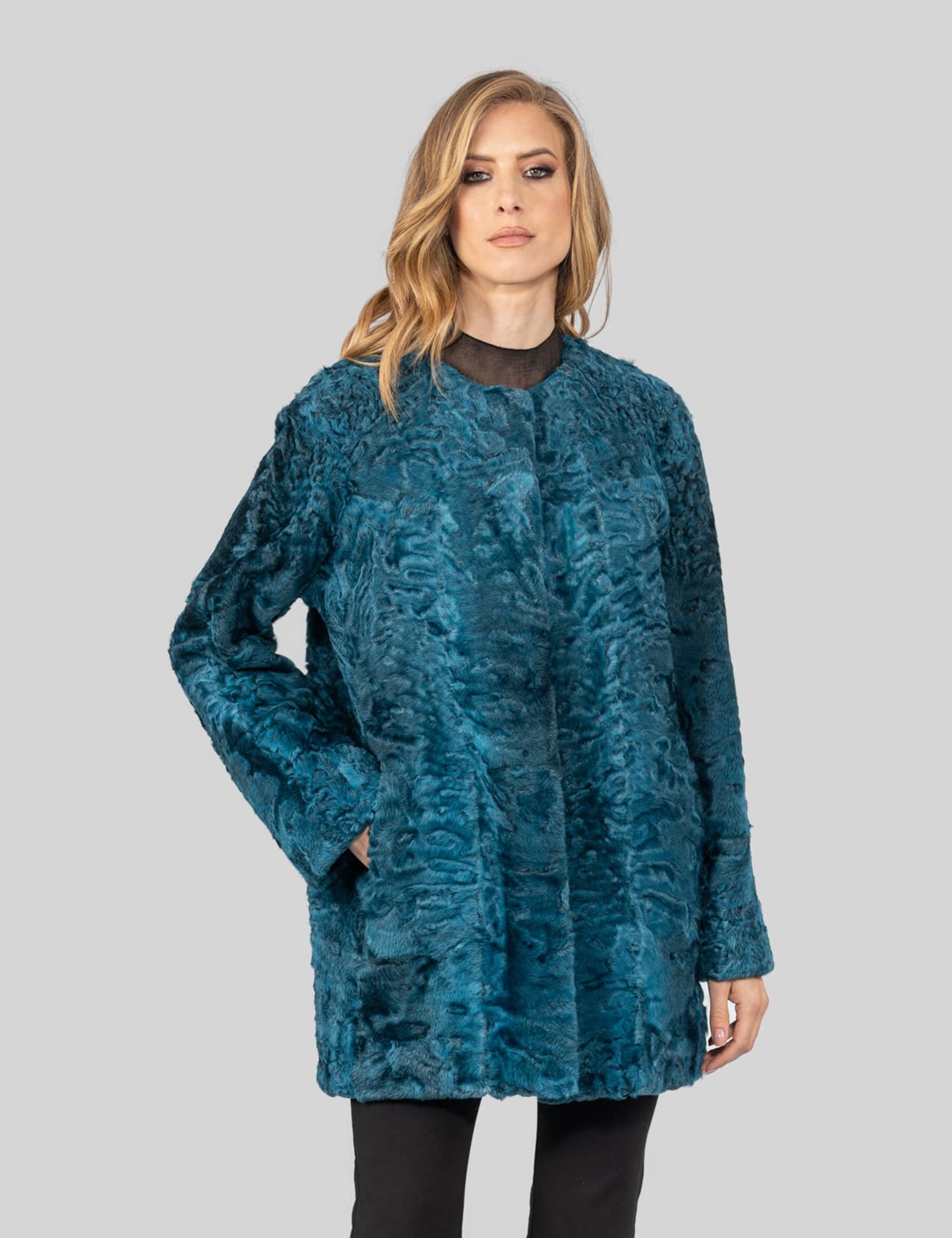 Luxury Astrakhan Fur Coat. Turquoise Color. Collarless. Modern Womens ...