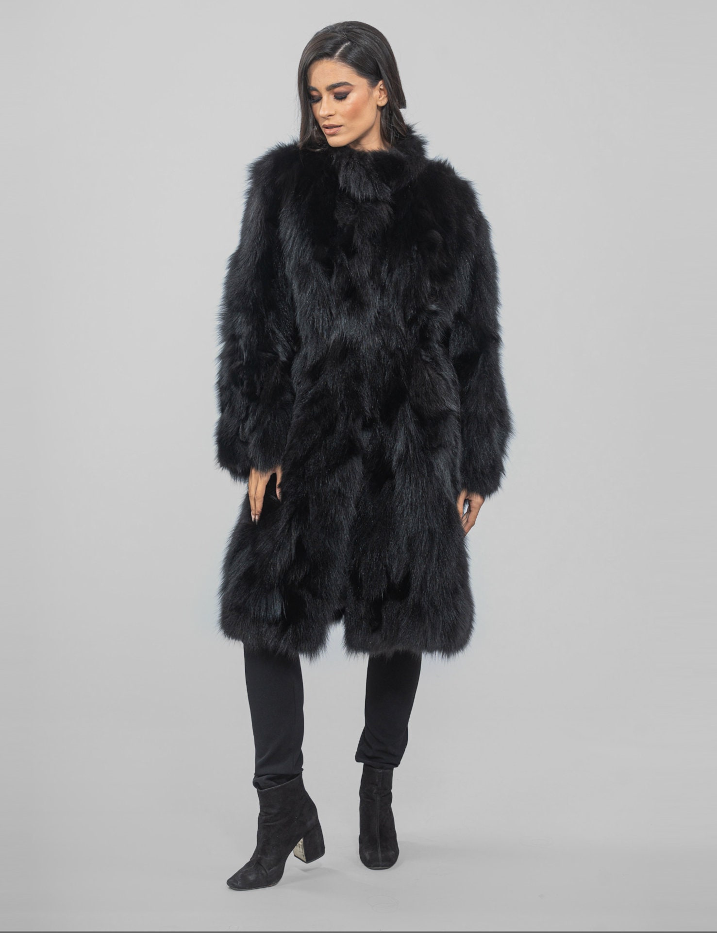 Real Black Fox Fur Coat With Stand Collar, Overcoat, Super Warm Long ...