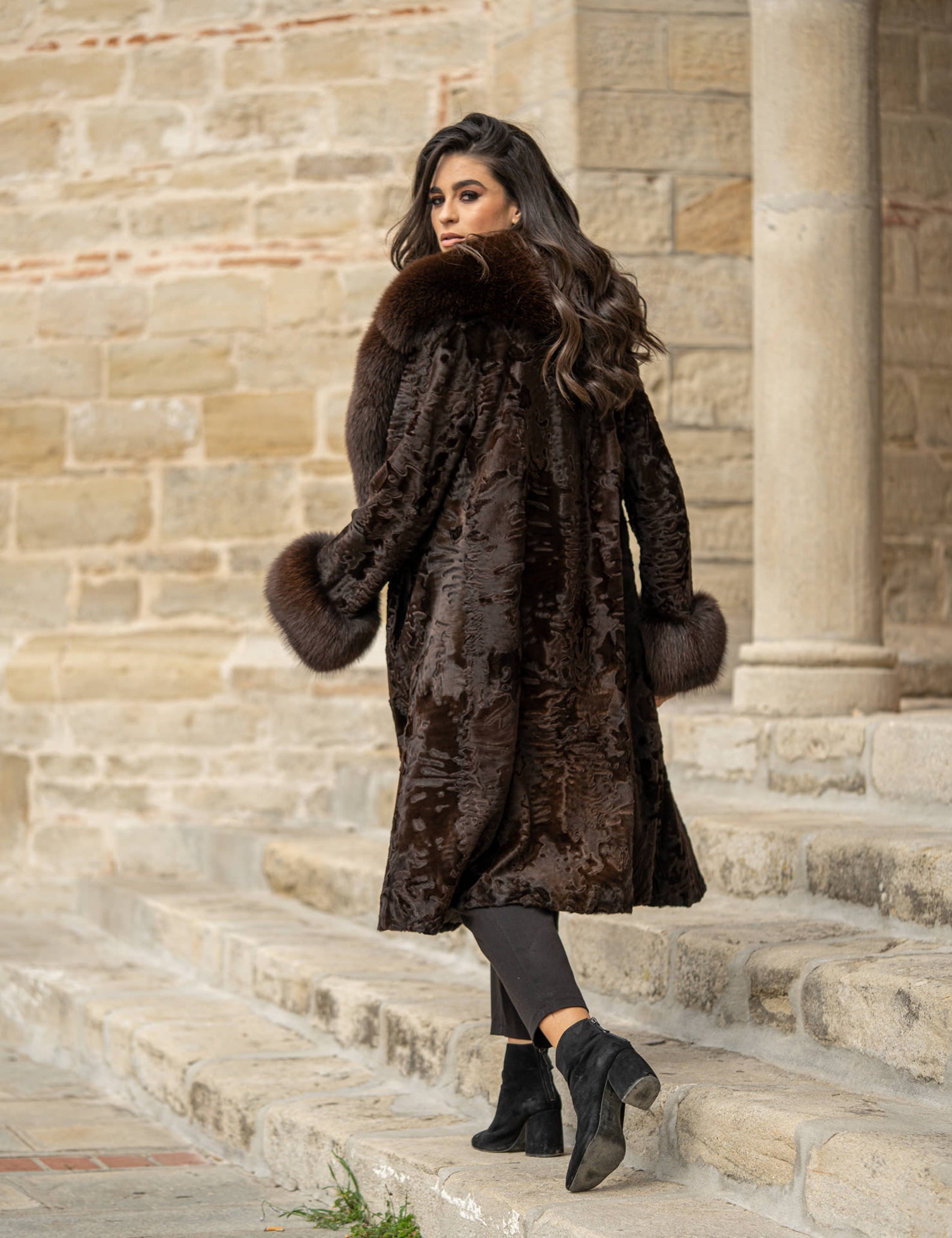 Long Line High Quality Real Astrakhan Fur Coat, Brown Color, Fluffy Fox ...