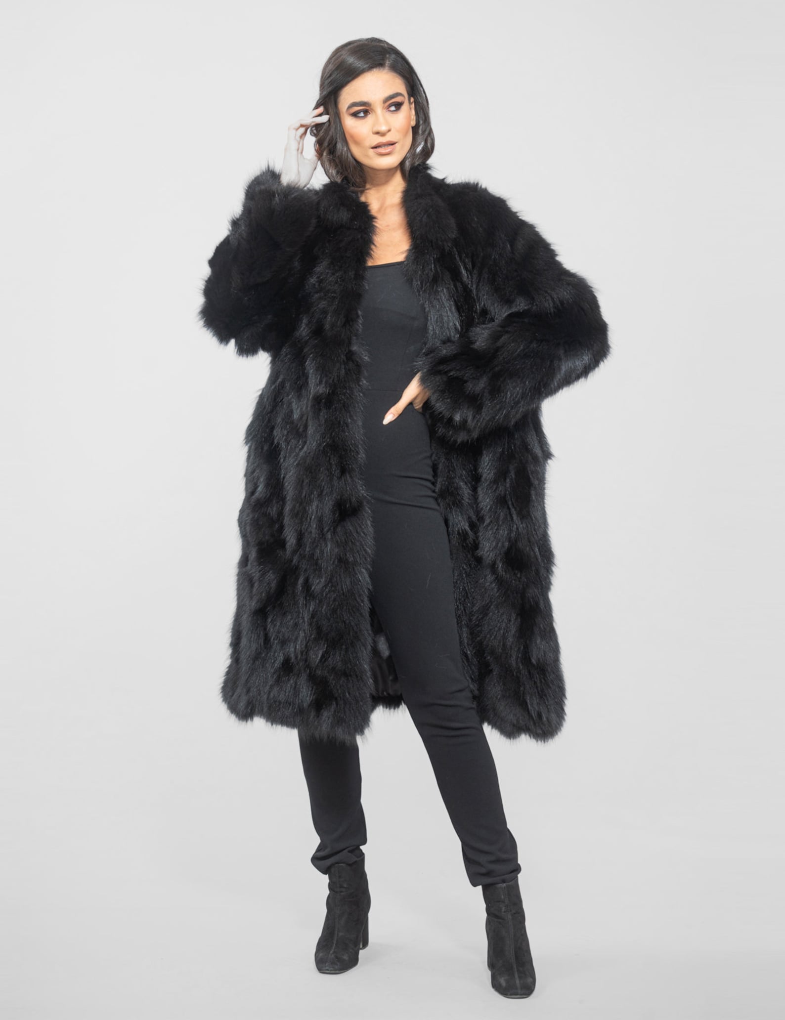 Real Black Fox Fur Coat With Stand Collar, Overcoat, Super Warm Long ...
