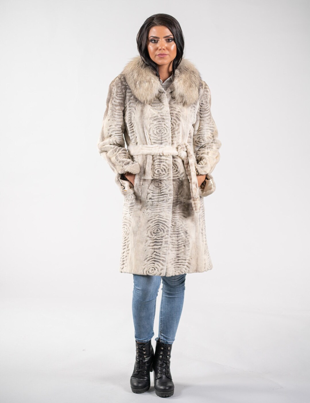 Long Line Sheared Real Mink Fur Coat. Rose Patterns, Fox Fur Collar ...