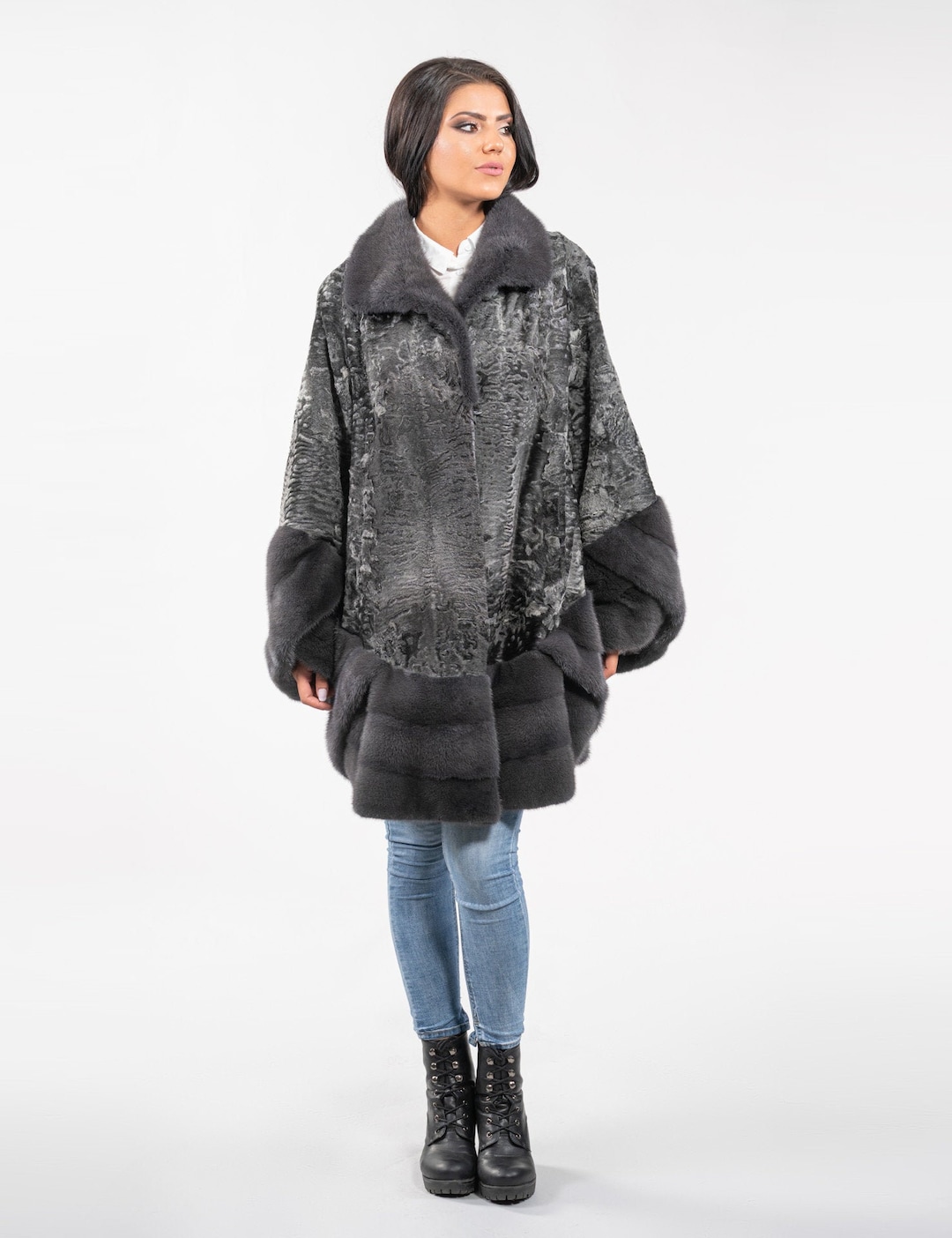 Graphite Gray Astrakhan Fur Coat With Mink Details. Real Fur Coat ...