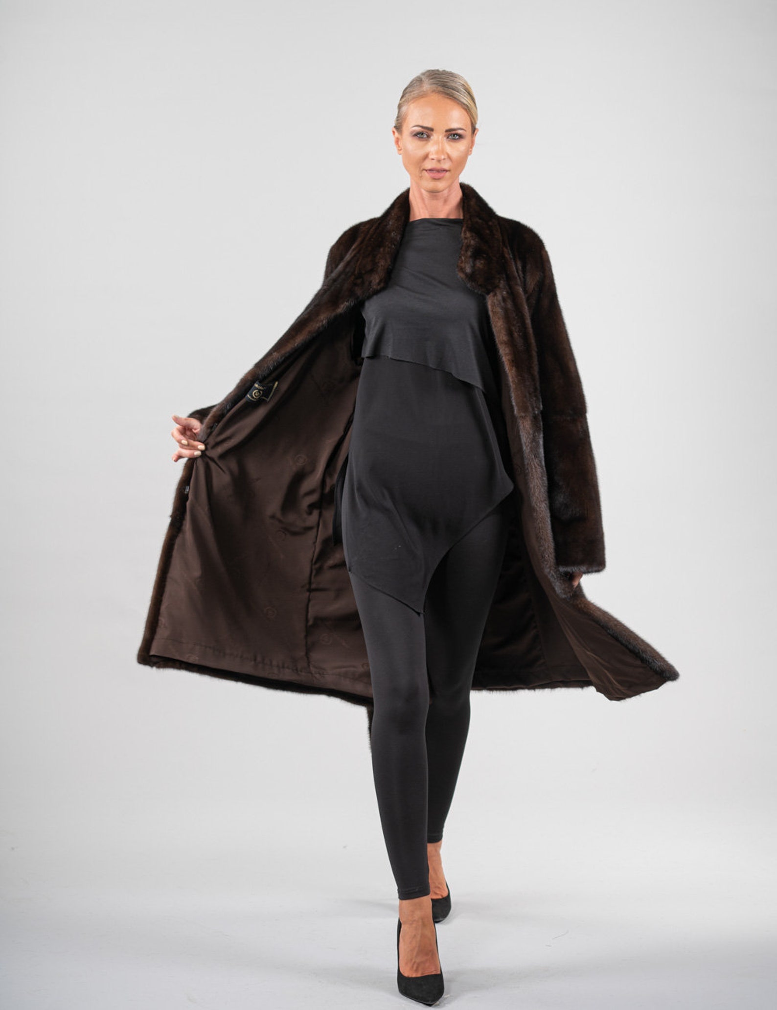 Long Dark Brown Saga Mink Fur Coat With Belt. Full Skin Real Mink Fur ...