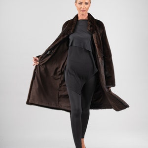 Long Dark Brown Saga Mink Fur Coat With Belt. Full Skin Real Mink Fur ...