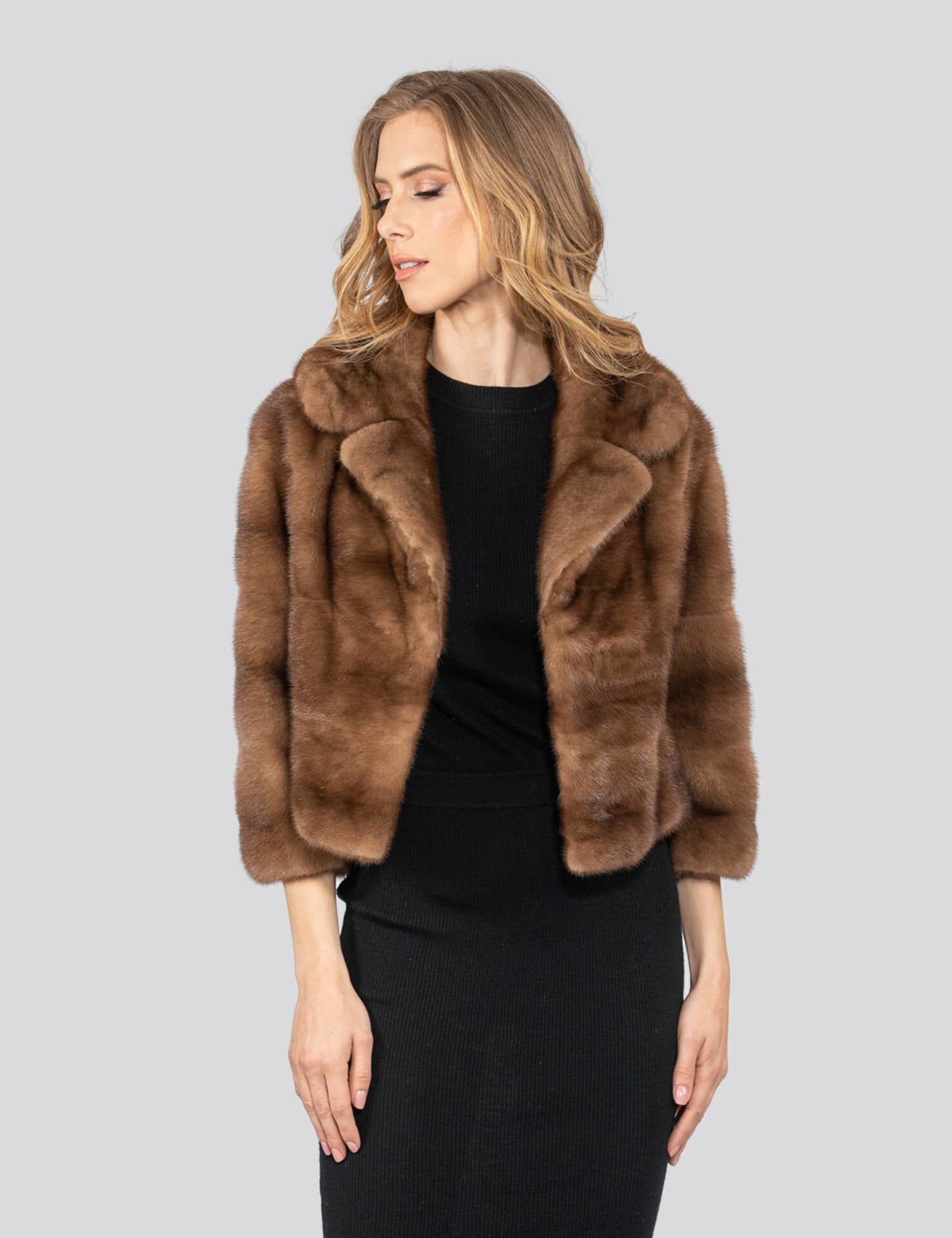 Short Line Demi Buff Real Mink Fur Jacket With 7/8 Sleeves. Natural ...