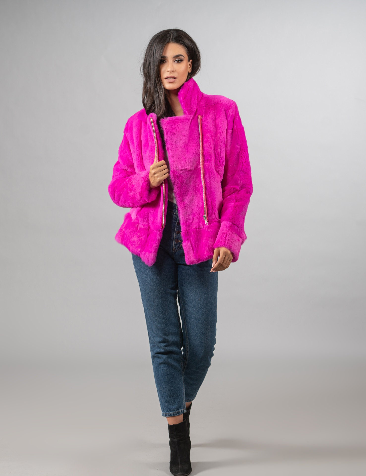 Biker Jacket in Fuchsia Color With a Diagonal Zipper Closure - Etsy