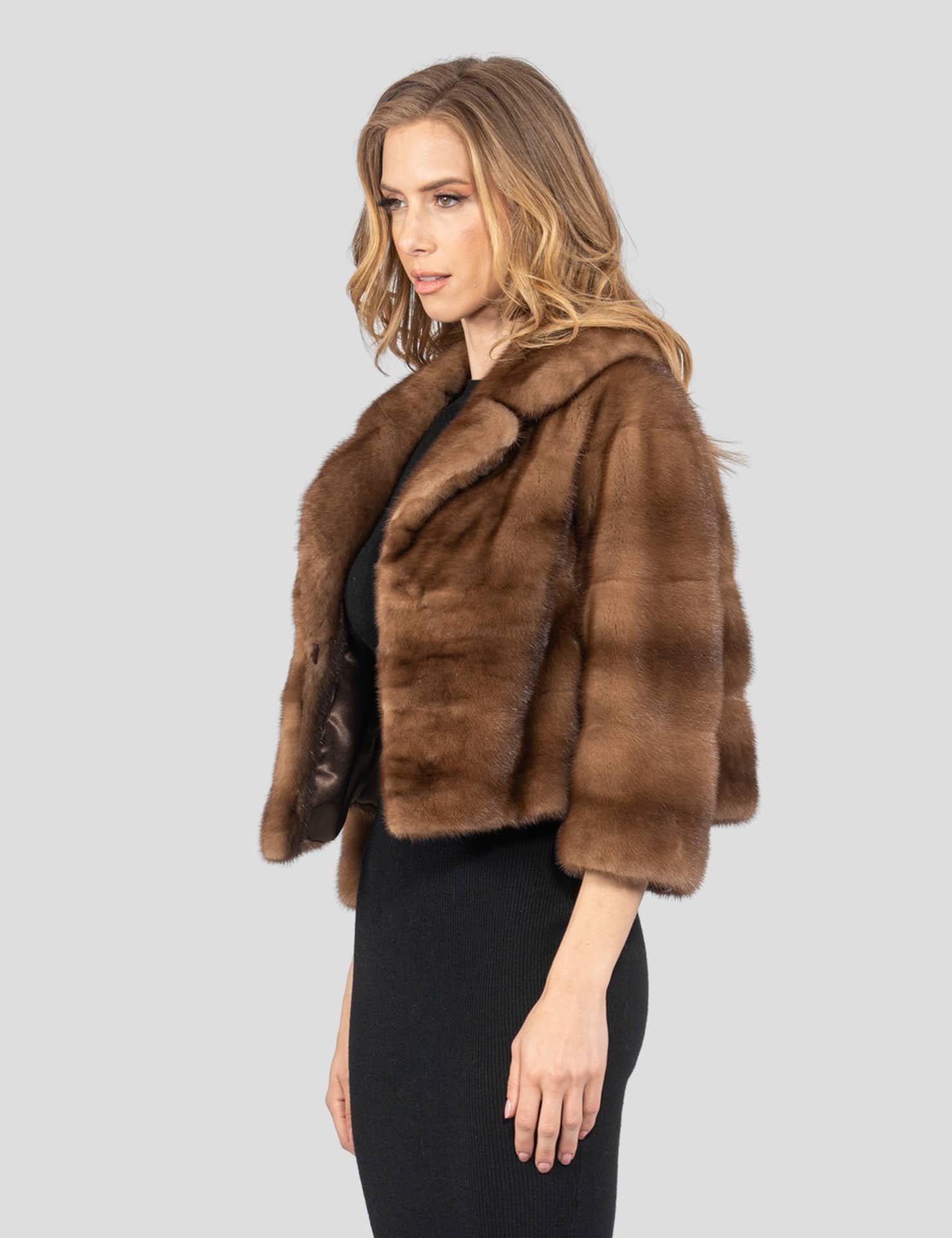 Short Line Demi Buff Real Mink Fur Jacket With 7/8 Sleeves. Natural Brown Color. Full Skin Mink ...
