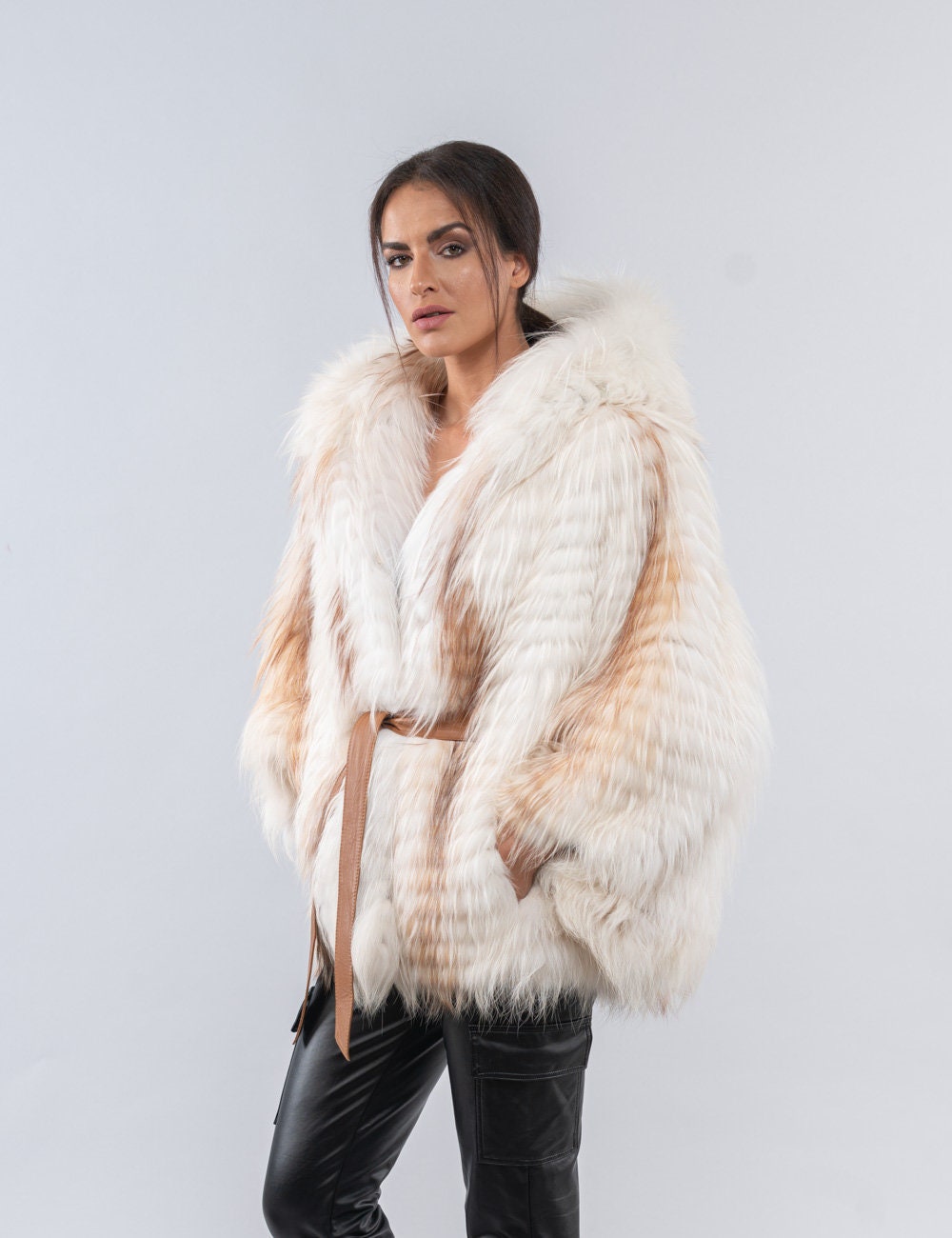 Fluffy Real Fox Fur Cape With Hood and Leather Belt. Winter Fur Cape ...