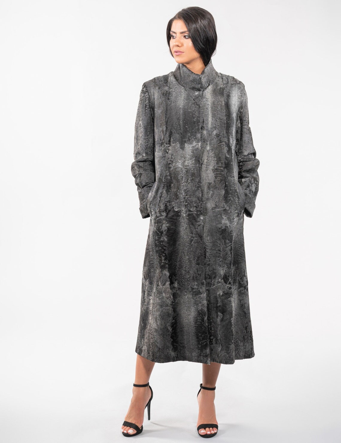 Graphite Gray, Real Astrakhan Fur Coat, Full Length, Straight Line Coat ...