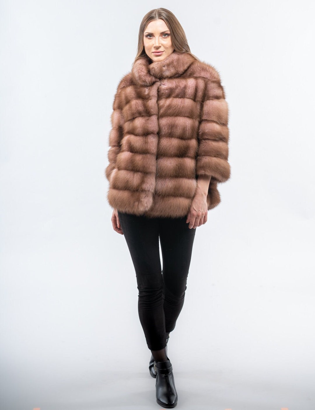 Long Hair Real Sable Marten Fur Jacket in a Pink Brown Color. Full Skin ...