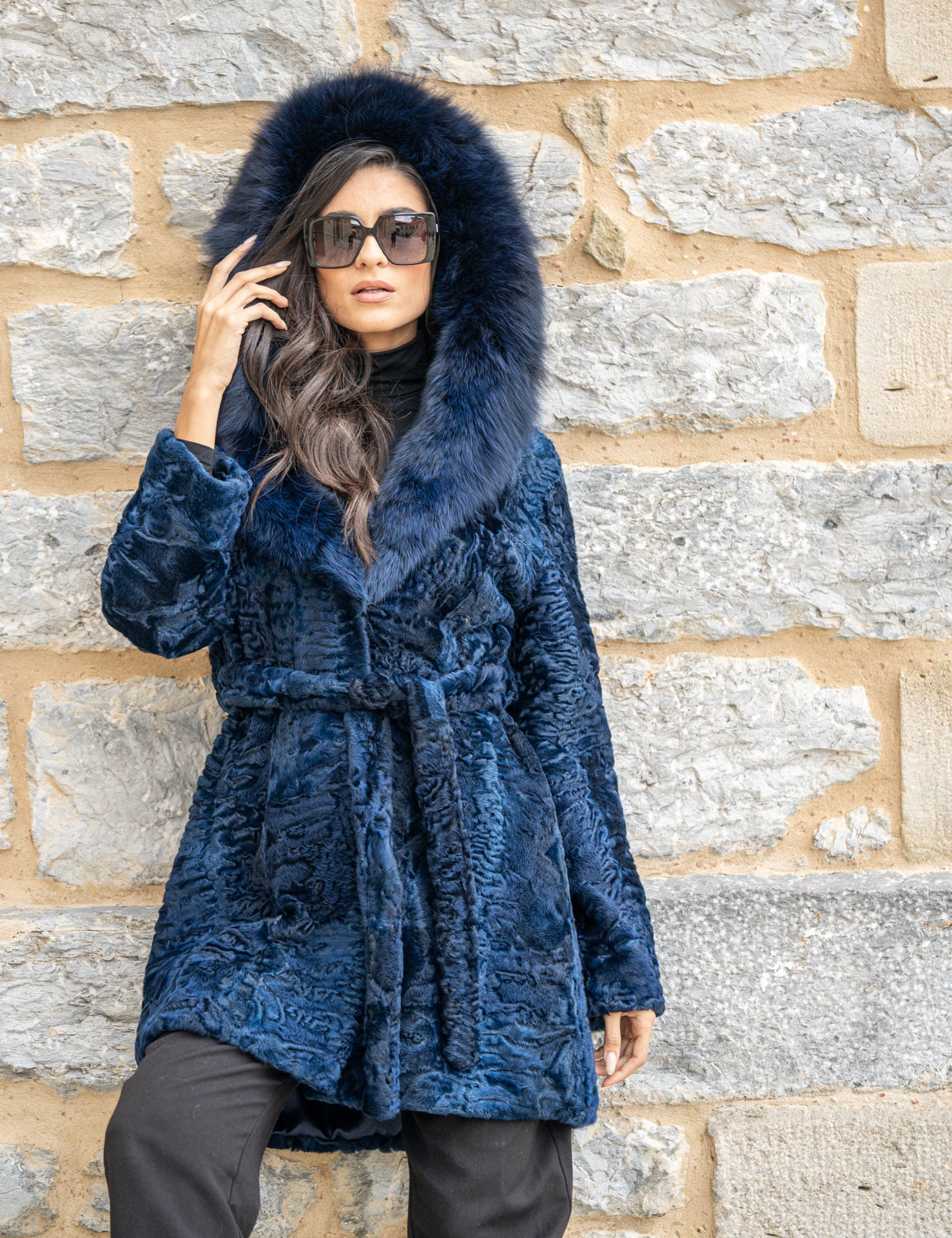 Dark Blue Astrakhan Fur Coat With Belt and Real Fox Fur Hood. Swakara ...