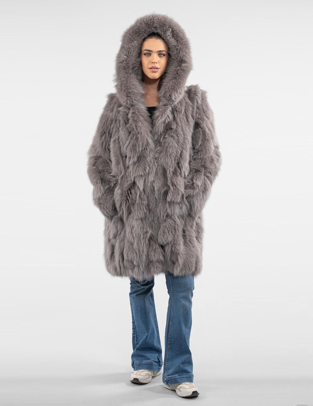 Long Line Fluffy Grey Fox Fur Coat With Hood. Modern Real Fox Fur Coat ...