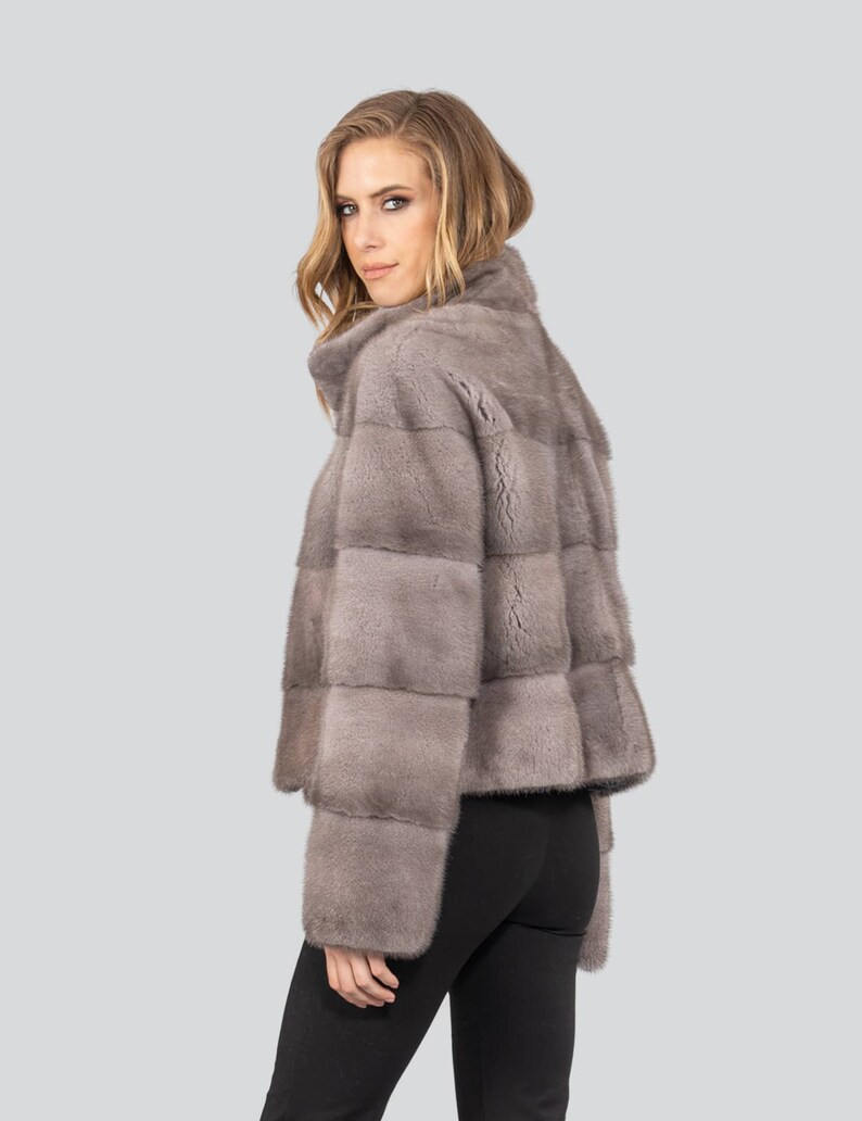 Short Line Silver Grey Real Mink Fur Jacket With Stand Collar. Modern ...