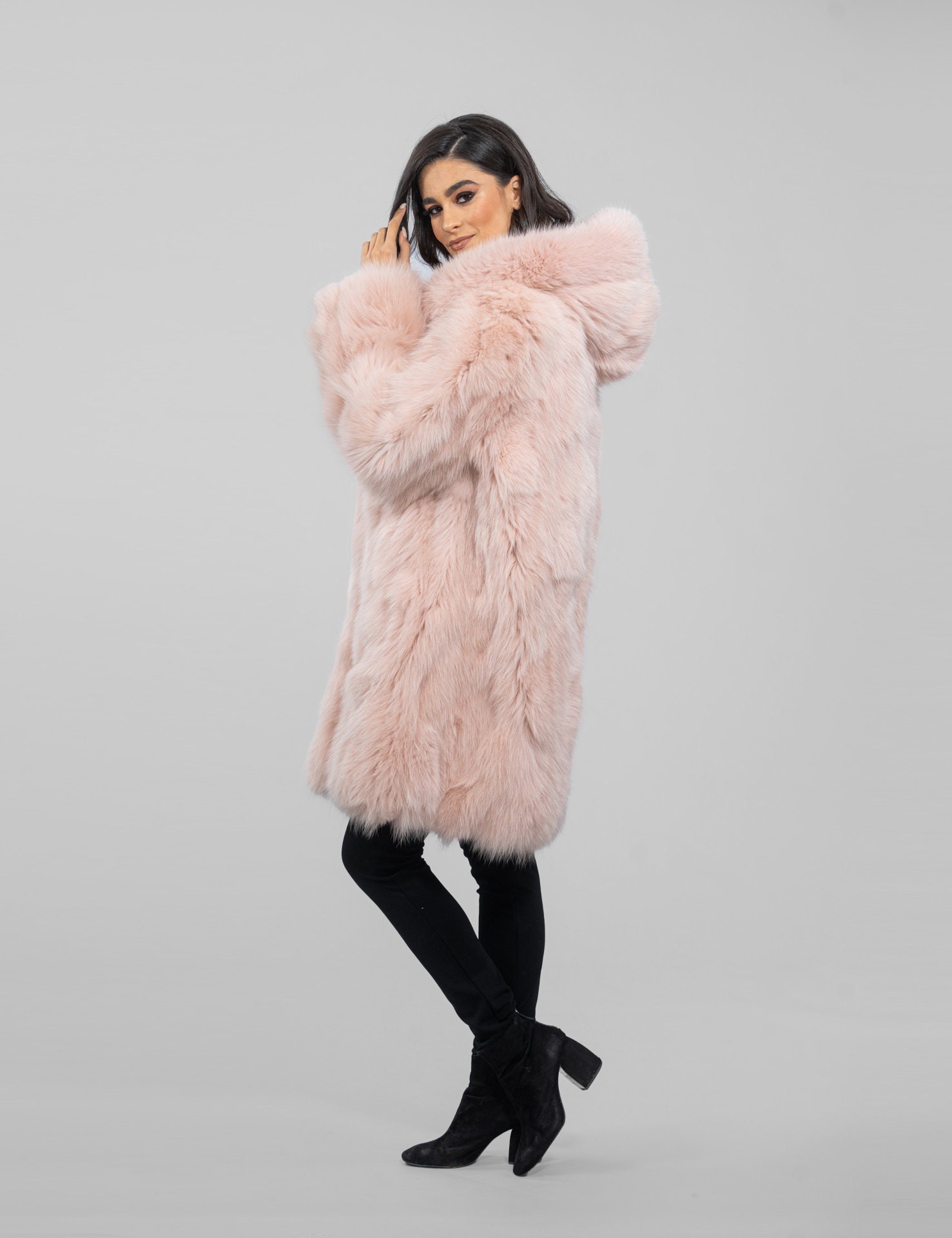 Long Line Fluffy Pink Fox Fur Coat With Hood. Super Warm Real Fox Fur Overcoat, Winter Clothing ...
