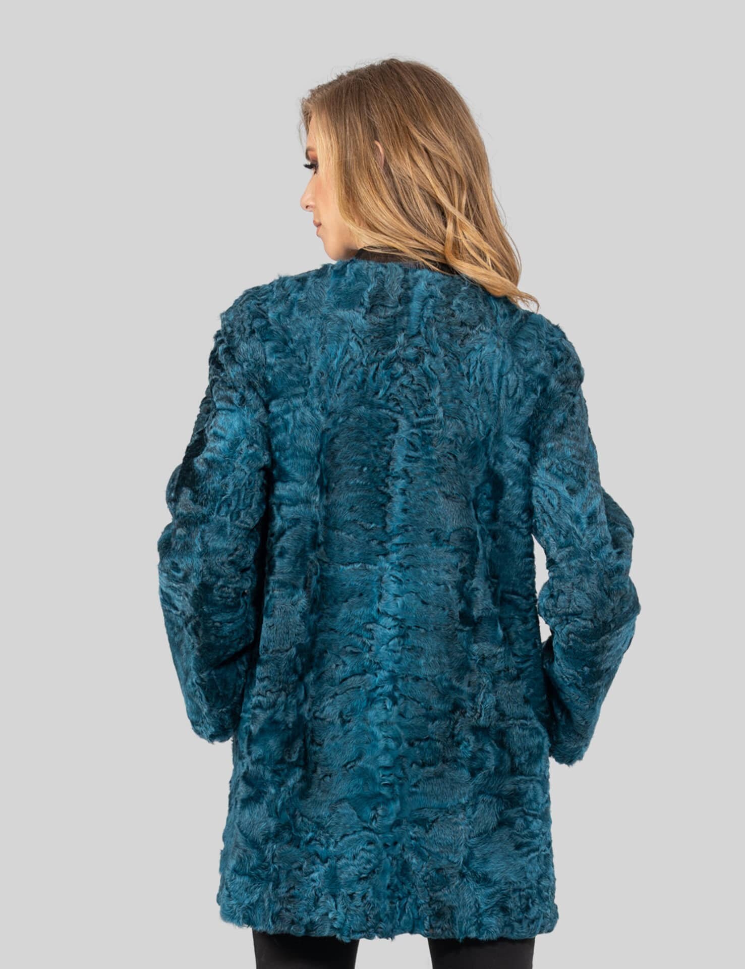 Luxury Astrakhan Fur Coat. Turquoise Color. Collarless. Modern Womens ...