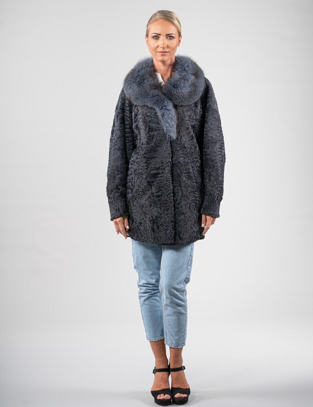 Grey-blue Real Astrakhan Fur Coat With Genuine Fox Collar. Double ...