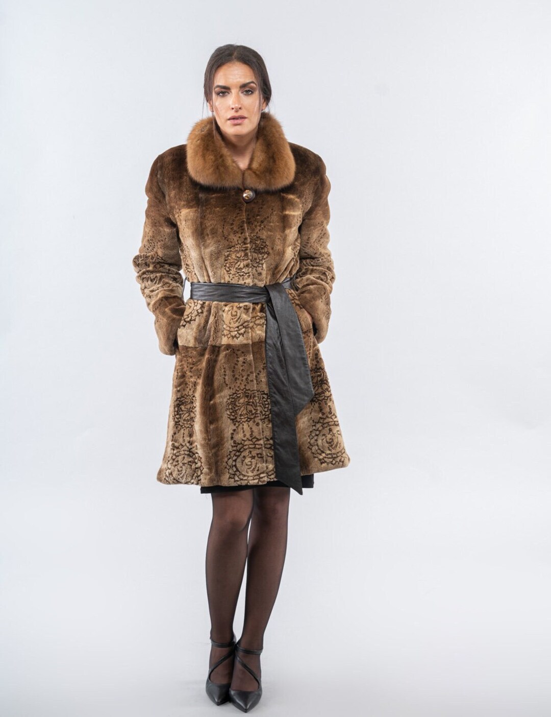 Long Line Sheared Real Mink Fur Coat, Design Details, Leather Belt ...