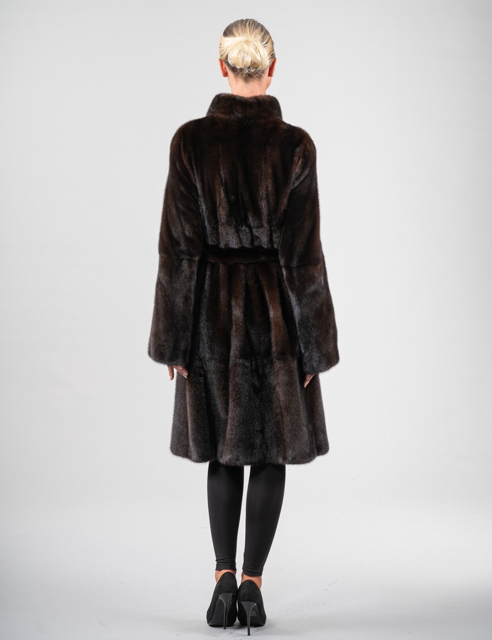 Long Dark Brown Saga Mink Fur Coat With Belt. Full Skin Real Mink Fur ...