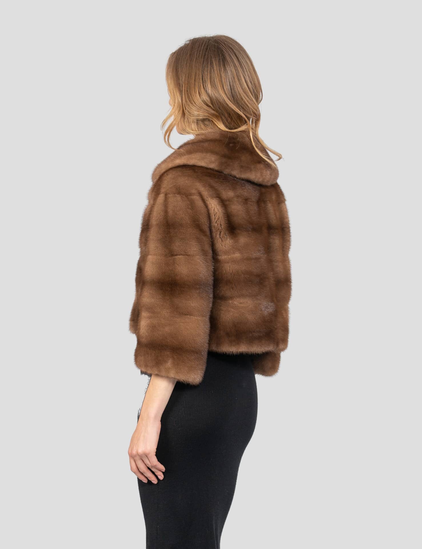 Short Line Demi Buff Real Mink Fur Jacket With 7/8 Sleeves. Natural Brown Color. Full Skin Mink ...