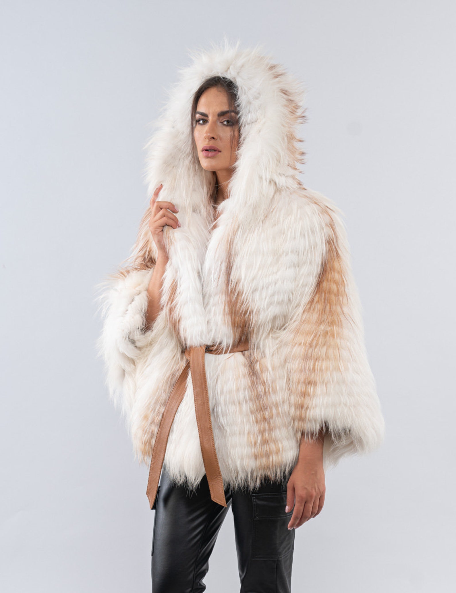 Fluffy Real Fox Fur Cape With Hood and Leather Belt. Winter Fur Cape ...