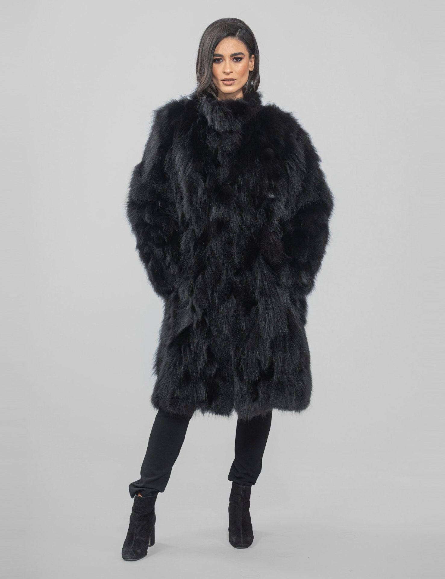 Real Black Fox Fur Coat With Stand Collar, Overcoat, Super Warm Long ...