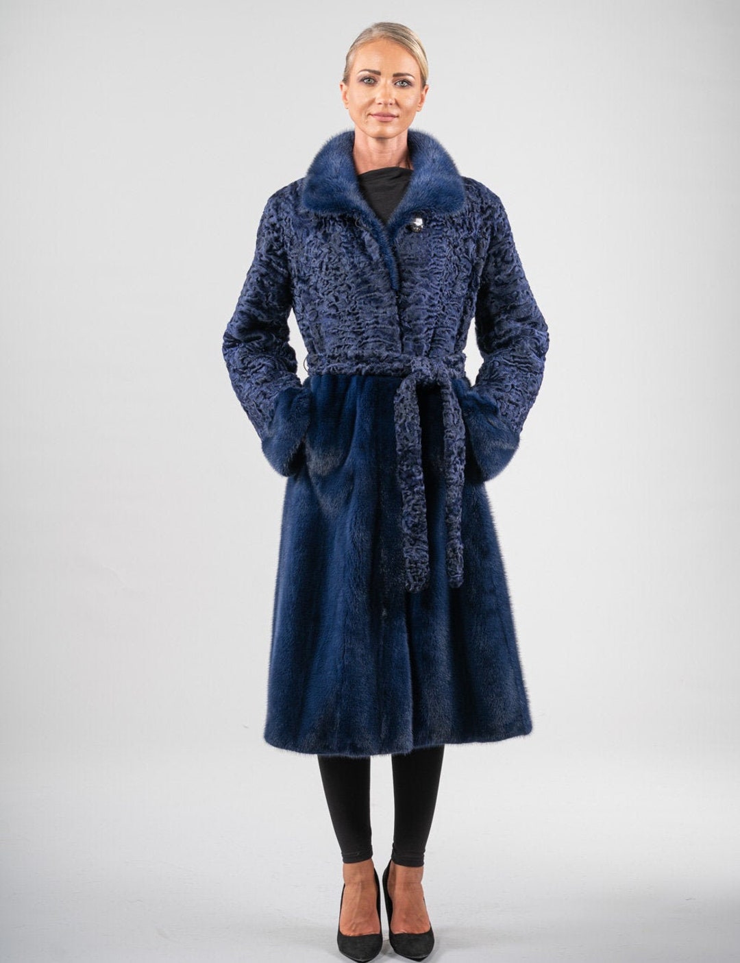 Electric Blue Mink and Astrakhan Fur Coat, in a Full-length Line ...