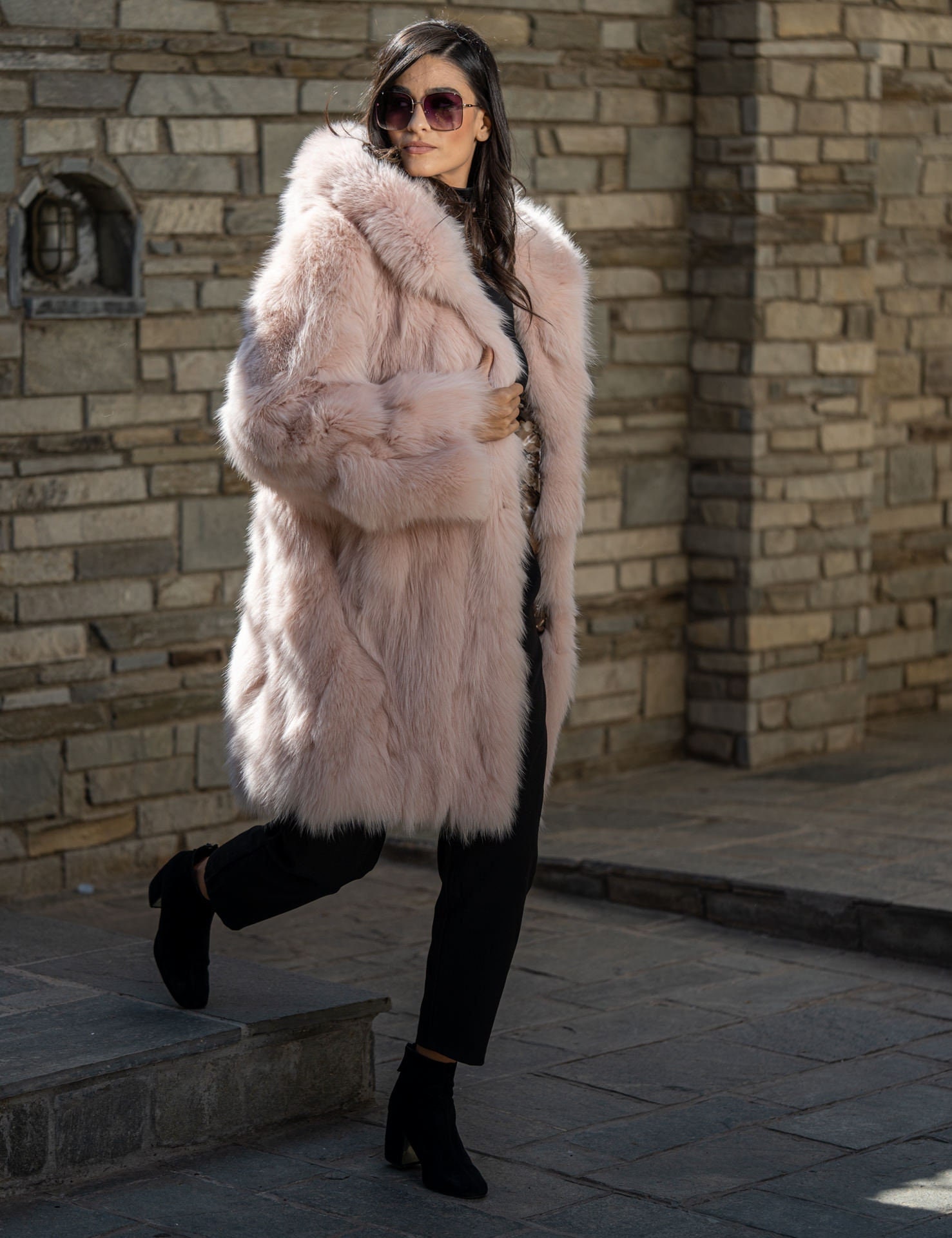 Long Line Fluffy Pink Fox Fur Coat With Hood. Super Warm Real Fox Fur ...