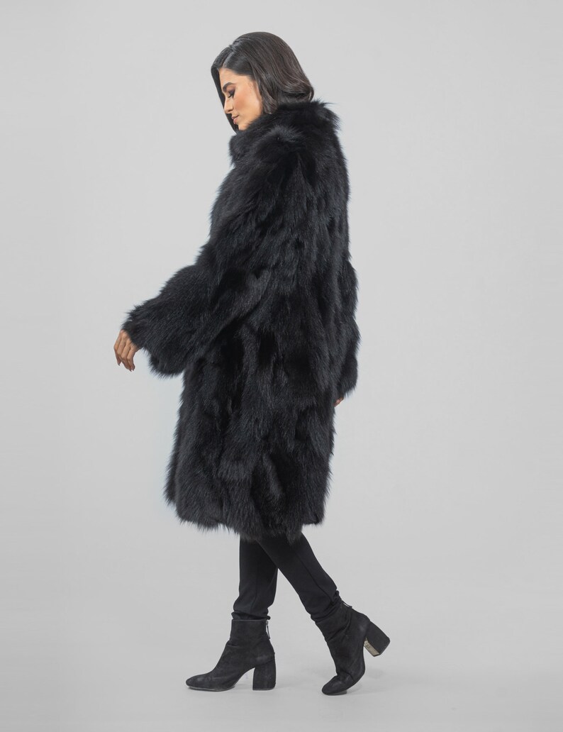 Real Black Fox Fur Coat With Stand Collar, Overcoat, Super Warm Long ...