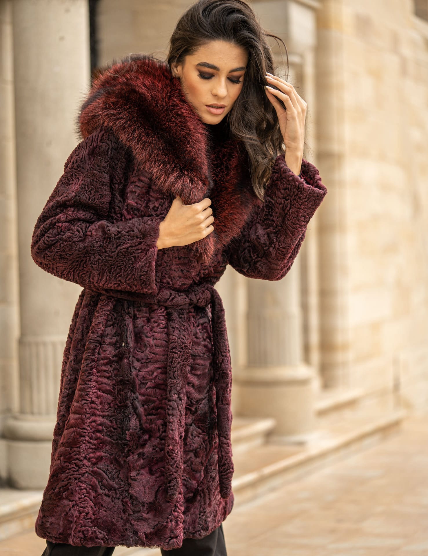 Long Line Astrakhan Fur Coat With Belt, Real Racoon Fur Hood. Swakara ...