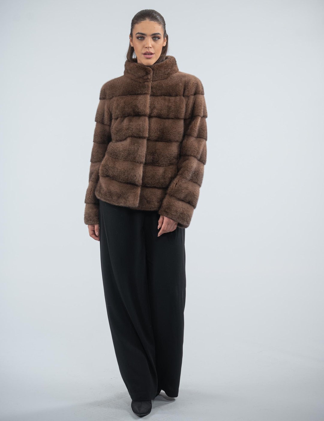 Brown Real Mink Fur Jacket With Stand Collar. Modern Full Skin Mink Fur Jacket. Winter Women’s ...