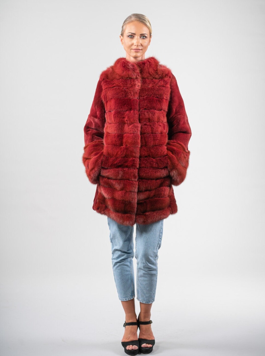 Burgundy Sable Marten Fur Coat. Full Skin Marten and Mink Fur. Modern ...