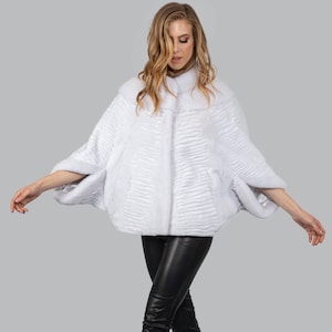 ONE SIZE White Real Mink Fur Cape With Sheared Details. Natural Color ...