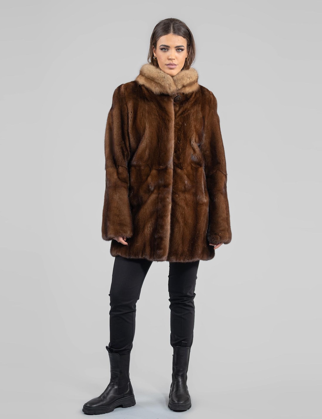 Demi Buff Real Mink Fur Coat With Real Sable Collar. Brown Full Skin ...