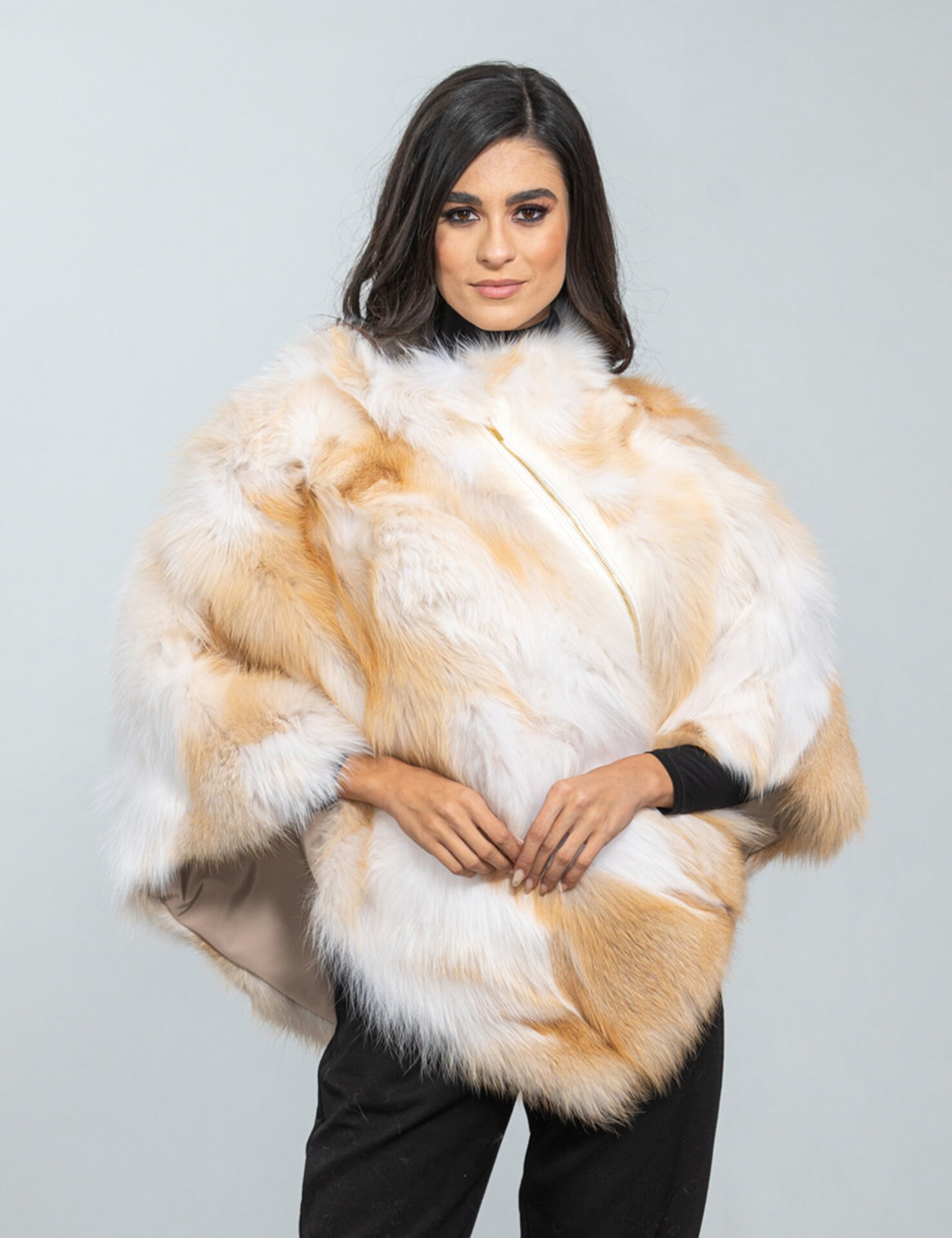 Fluffy Fox Fur Poncho With Zipper Closure. ONE SIZE Real Fur Cape, Gold ...