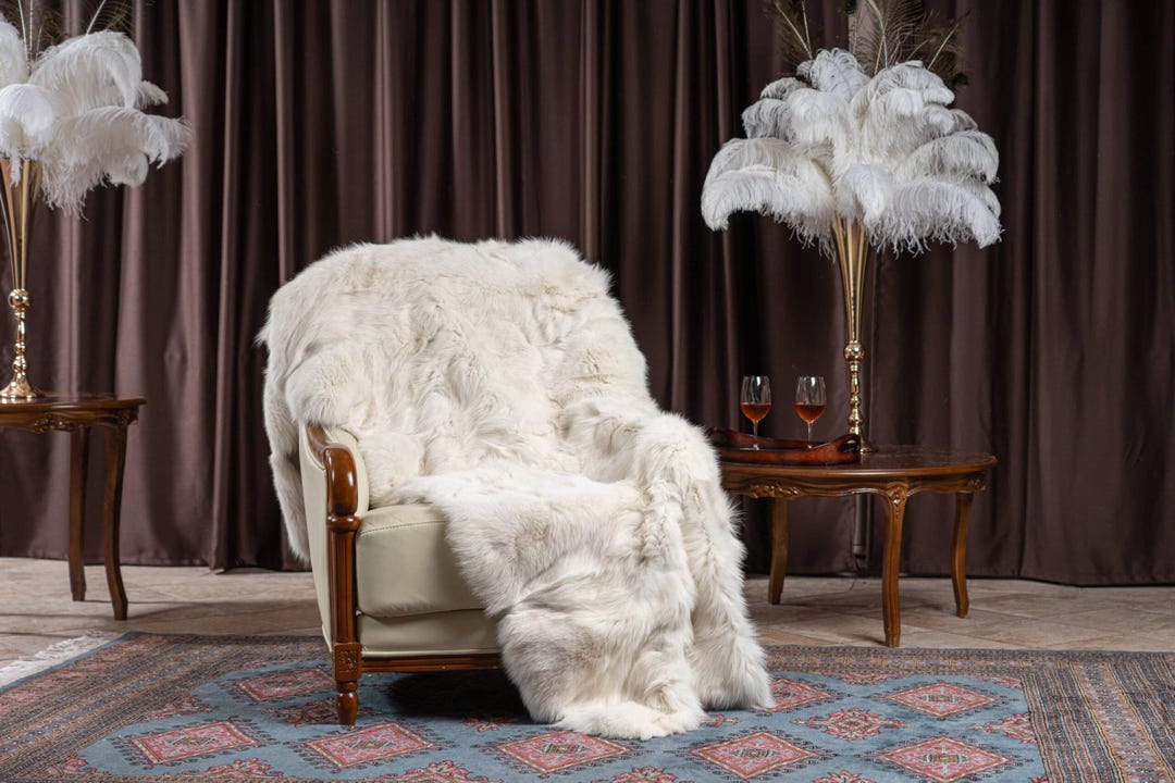 Off – White Natural Color Real Fox Fur Blanket. Modern Zaets Fur Throw ...