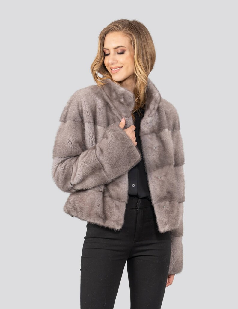 Short Line Silver Grey Real Mink Fur Jacket With Stand Collar. Modern ...