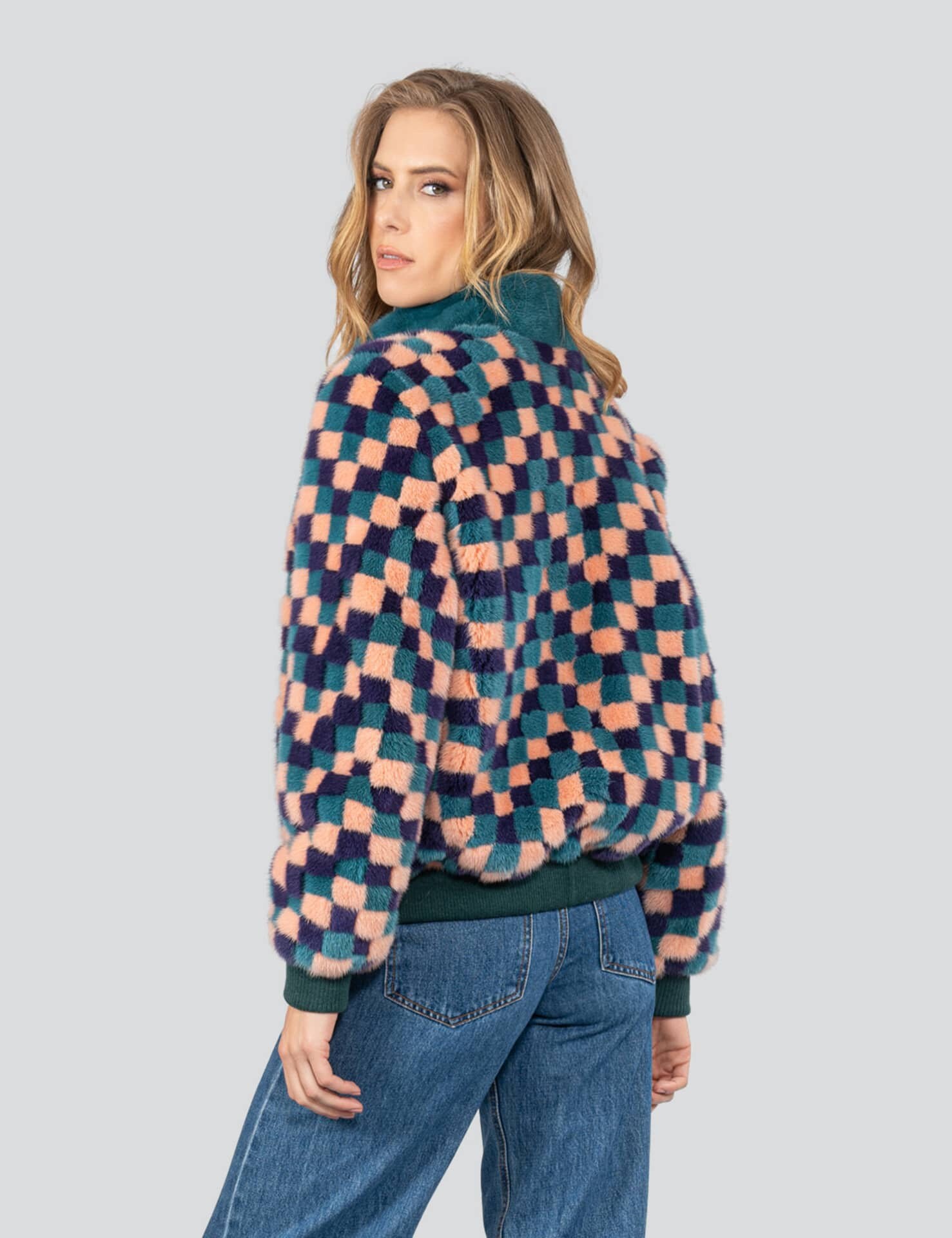 Mink Fur Bomber Jacket in Petrol, Salmon and Purple Color. Modern Real ...