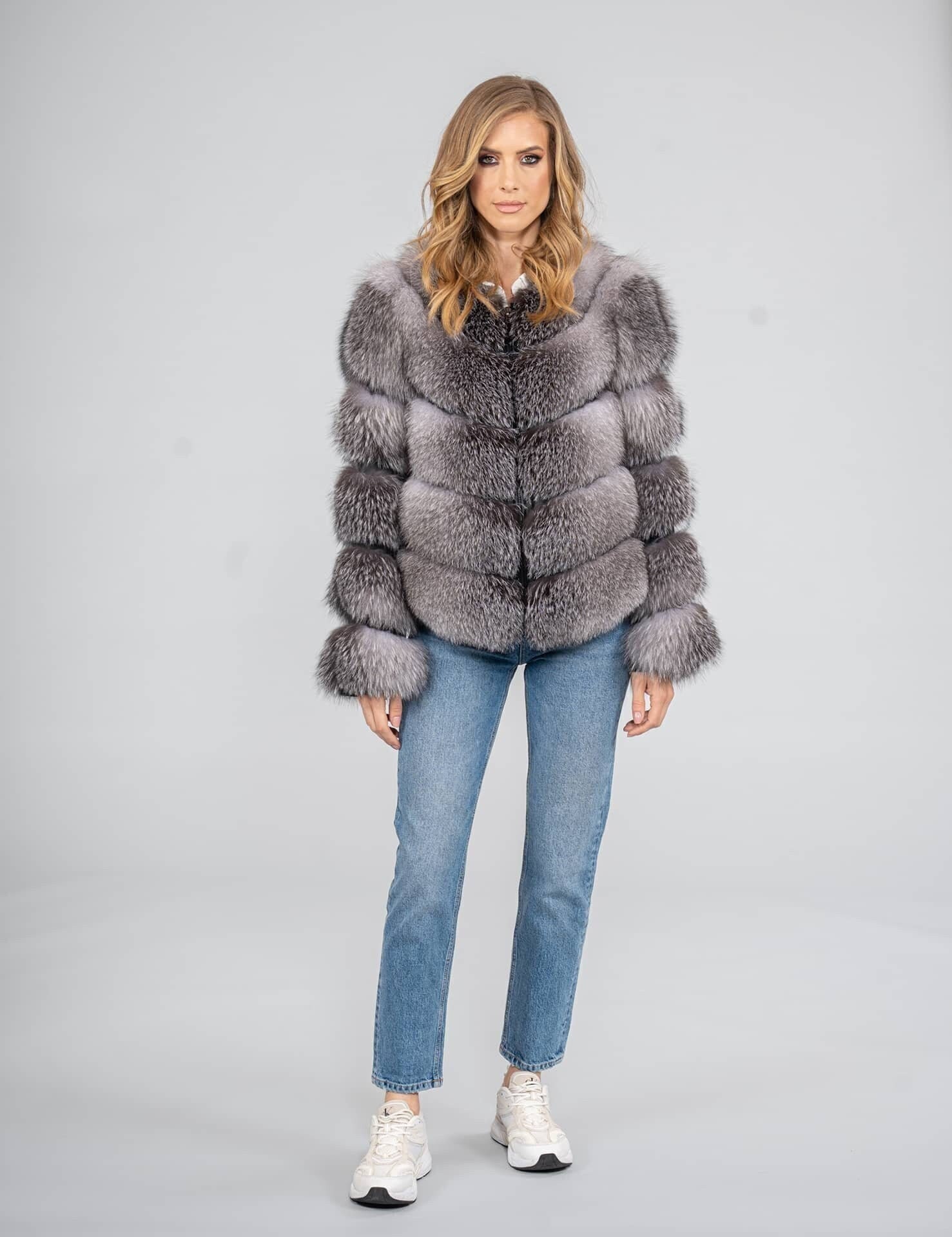 Blue Frost Real Fox Fur Jacket With Genuine Leather. Short Line Black ...