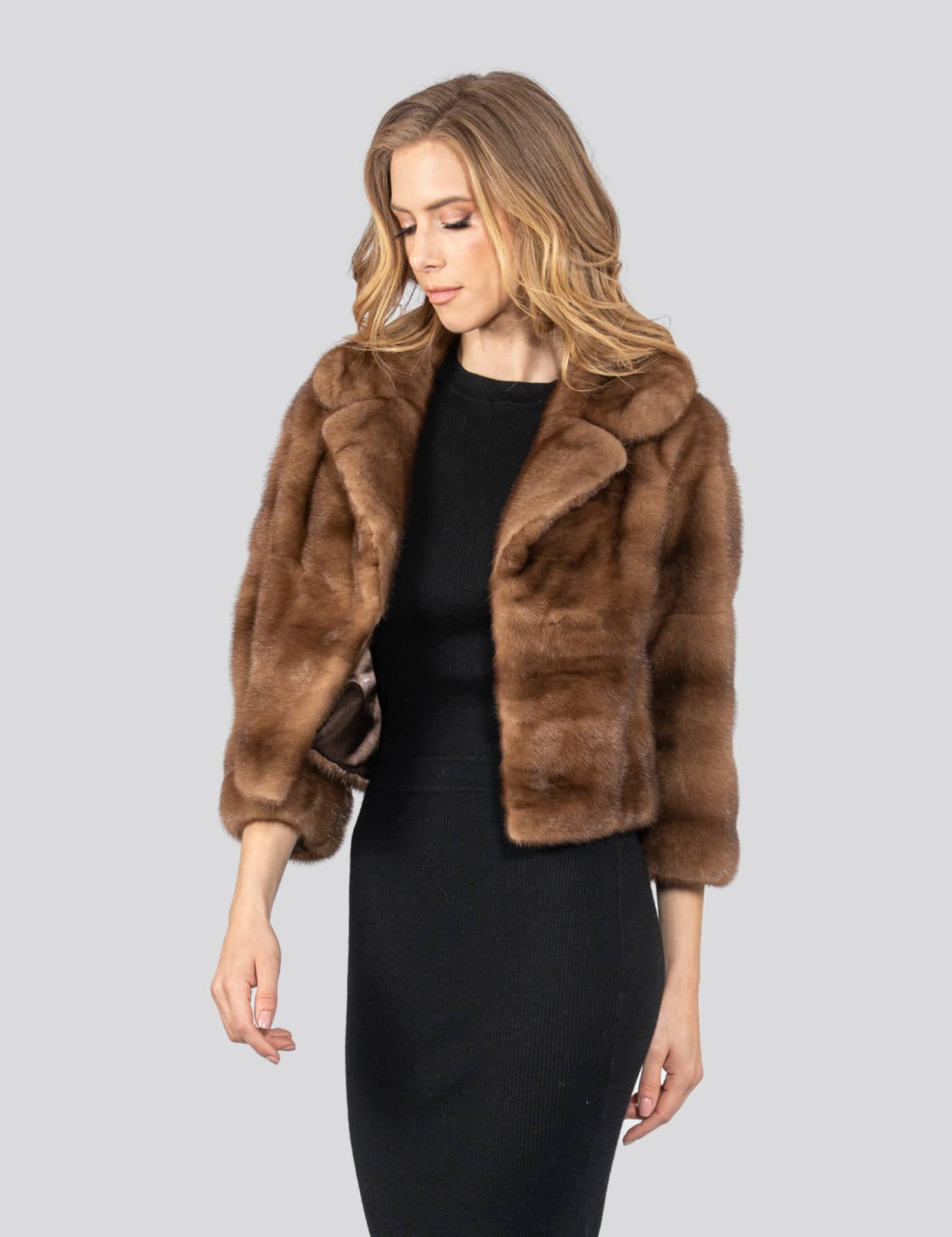 Short Line Demi Buff Real Mink Fur Jacket With 7/8 Sleeves. Natural ...