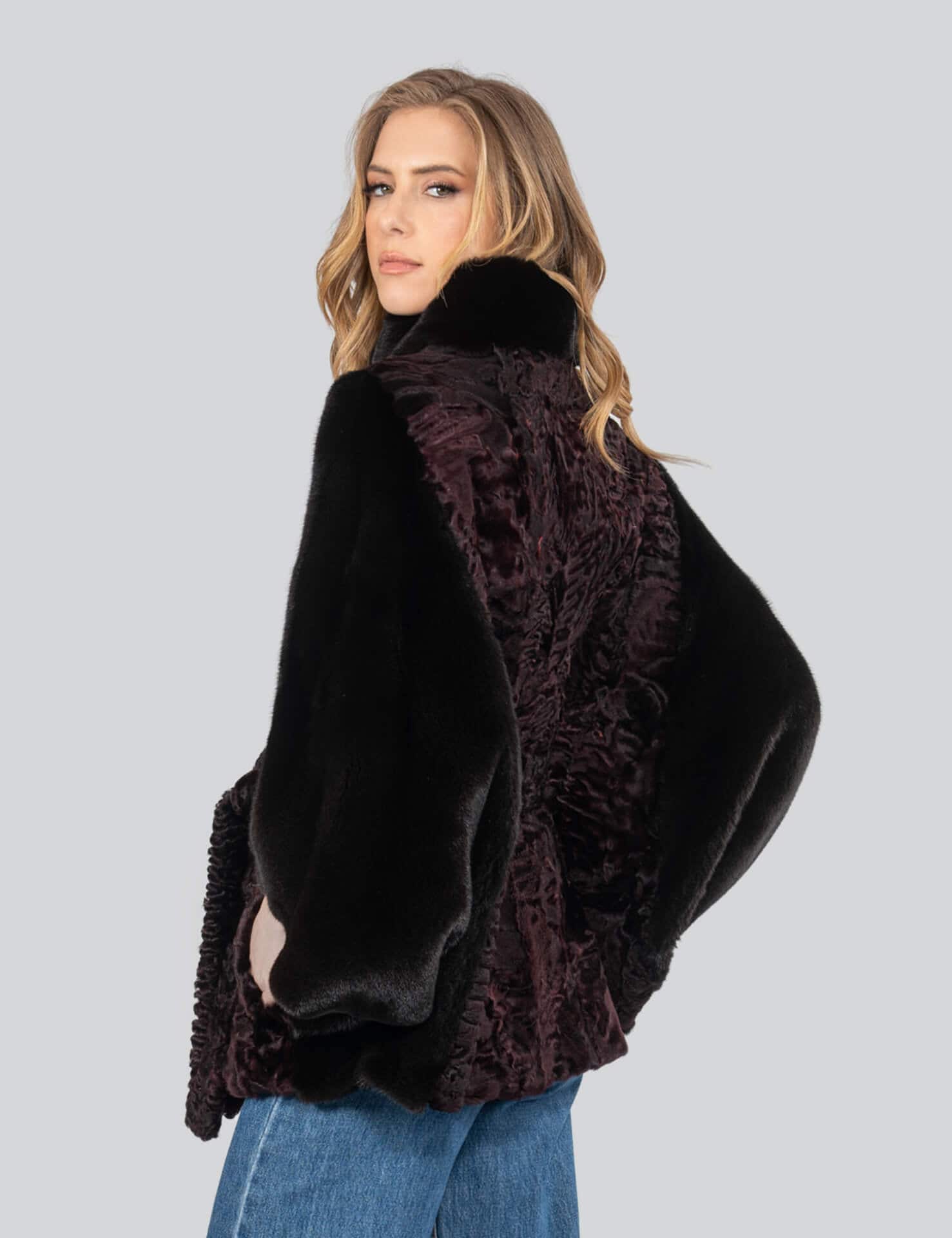 One Size Mink and Astrakhan Fur Cape in Black and Burgundy Color. Full ...