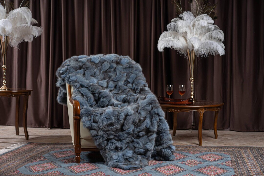 Light Blue Real Fox Fur Blanket. Warm Fluffy Fox Fur Throw, Fur ...