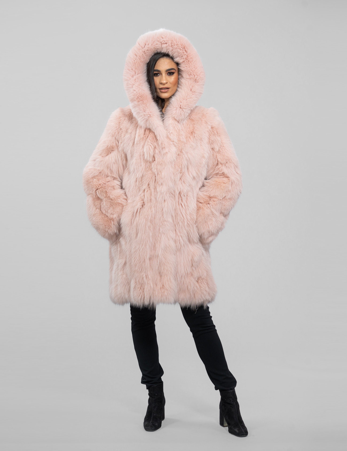 Long Line Fluffy Pink Fox Fur Coat With Hood. Super Warm Real Fox Fur ...
