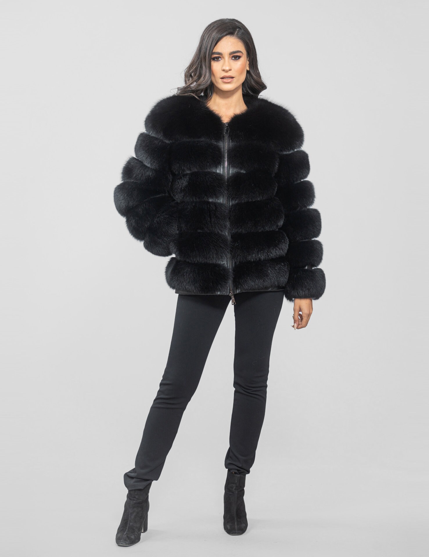 Fluffy Black Fox Fur Jacket. Full Skin Fox Fur, Collarless Winter ...