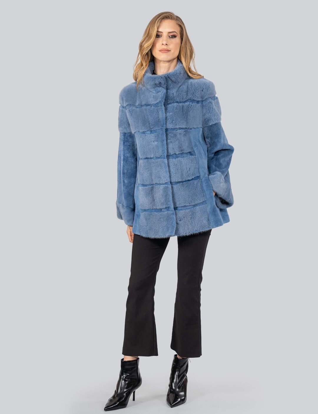 Light Blue Real Mink Fur Jacket With Stand Collar. Full Skin Vison Fur ...