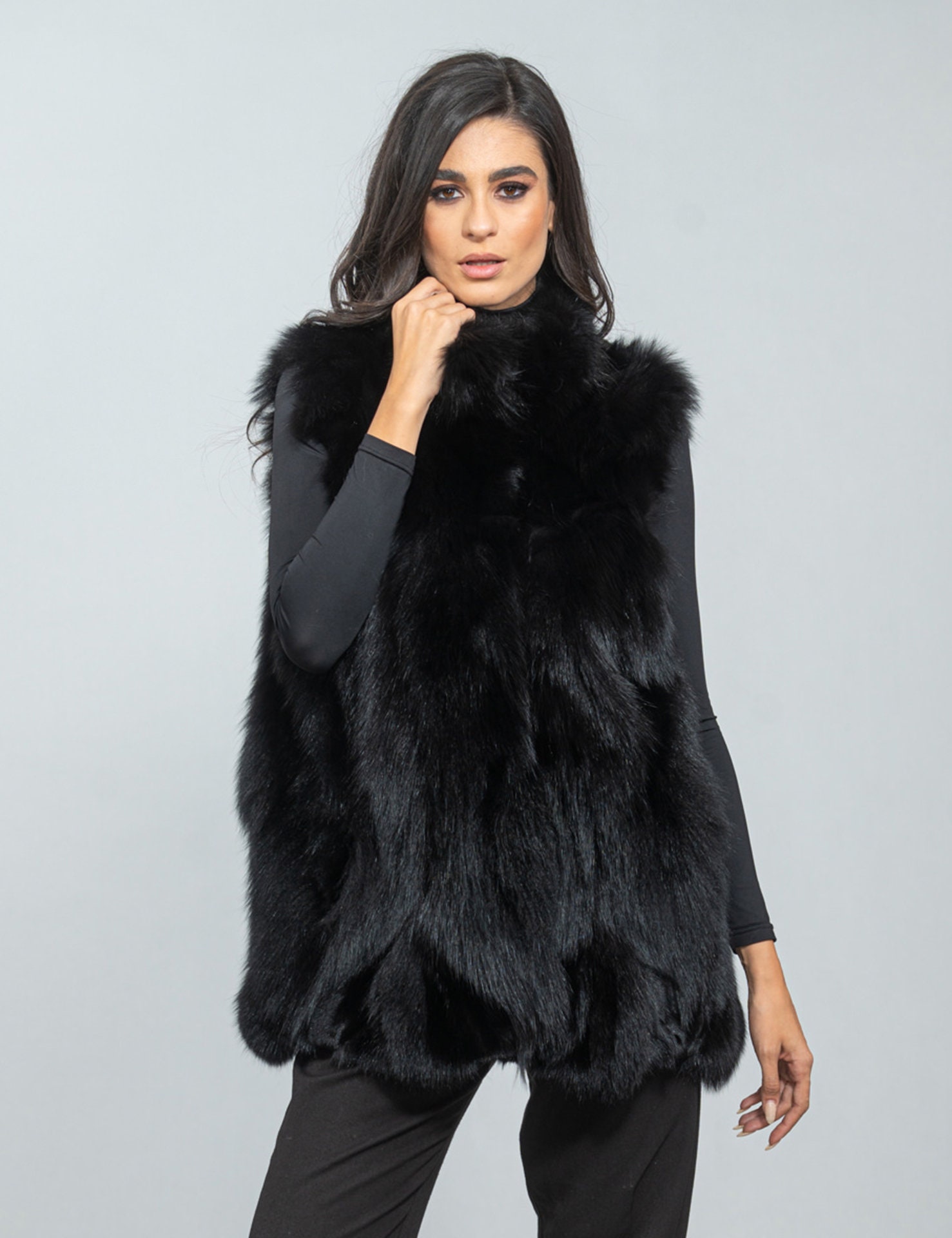 Black Fox Fur Vest With Stand Collar. Fluffy Real Fox Fur Vest. Winter ...